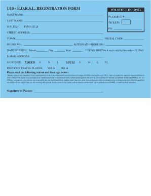 Fillable Online U10 - E.O.R.S.L. REGISTRATION FORM Fax Email Print ...