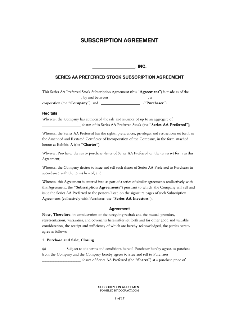 Fillable Online , INC. SERIES AA PREFERRED STOCK SUBSCRIPTION AGREEMENT Fax Email Print - pdfFiller