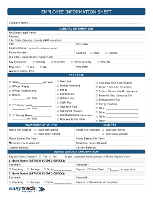 Fillable Online EMPLOYEE INFORMATION SHEET - easytrackpayroll.com Fax ...