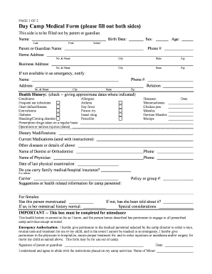 Fillable Online Day Camp Medical Form (please fill out both sides) Fax ...