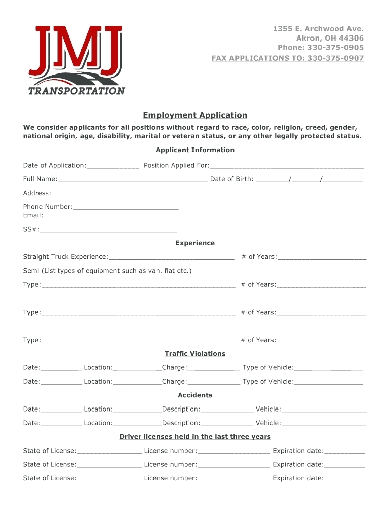 Fillable Online Employment Application - JMJ Transportation Fax Email ...