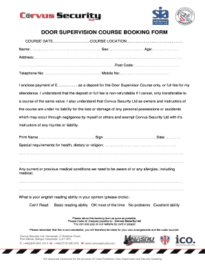 Fillable Online DOOR SUPERVISION COURSE BOOKING FORM Fax Email Print - pdfFiller