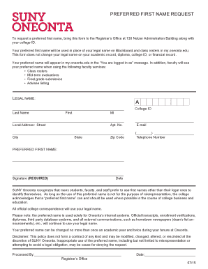 Fillable Online oneonta A PREFERRED FIRST NAME REQUEST - SUNY Oneonta ...