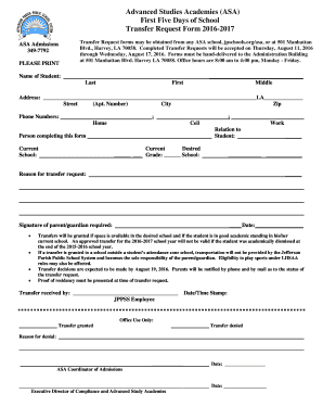 Fillable Online First Five Days of School Transfer Request Form 2016 ...