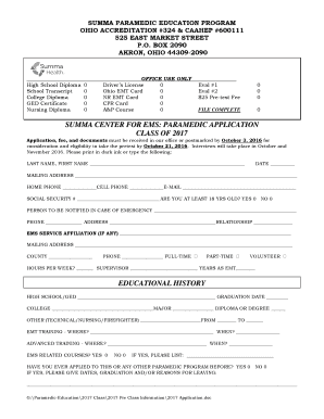 Fillable Online 2017 Paramedic Class Application - Summa Center for EMS ...