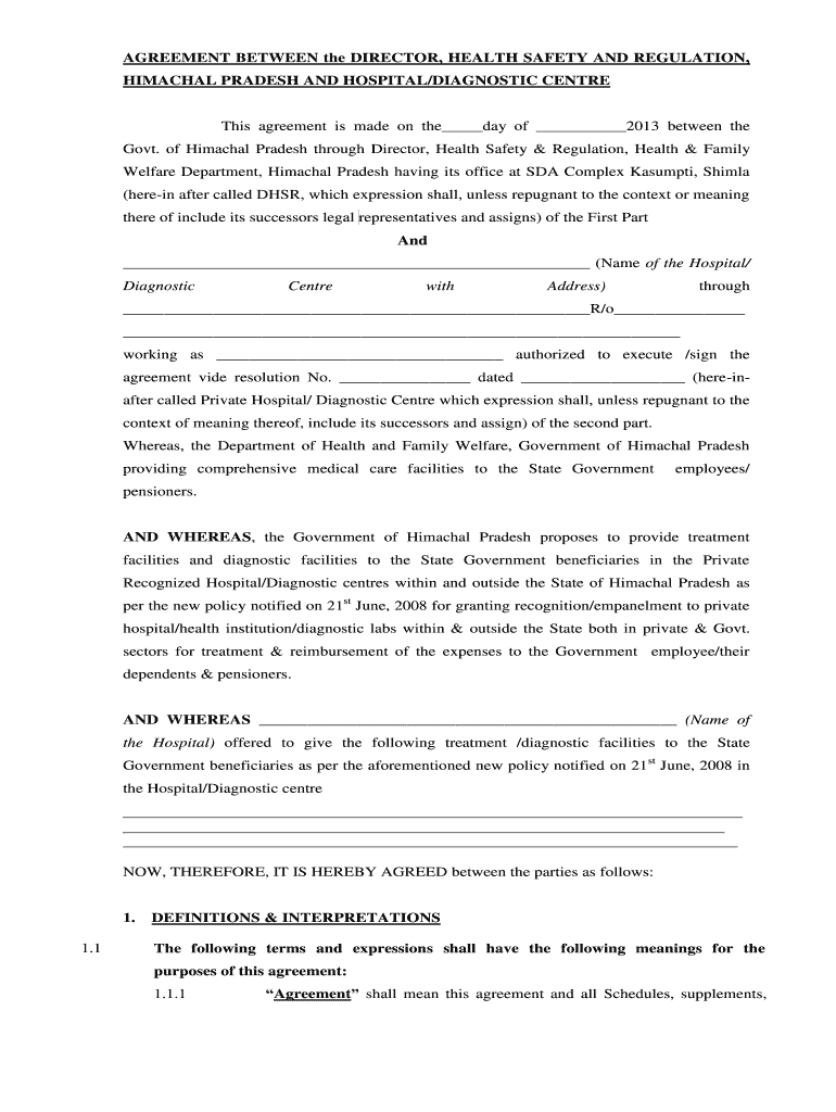 Fillable Online hp gov AGREEMENT BETWEEN the DIRECTOR, HEALTH SAFETY ...