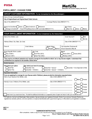 Fillable Online ENROLLMENT CHANGE FORM - vbgov.com Fax Email Print - pdfFiller