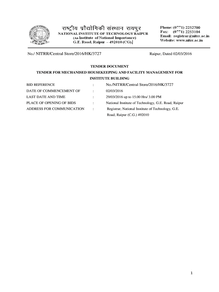 Fillable Online nitrr ac TENDER FOR MECHANISED HOUSEKEEPING AND ...
