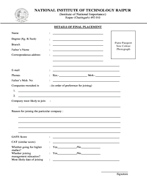 Fillable Online nitrr ac Placement Form - National Institute of ...
