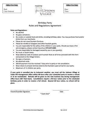 Fillable Online Birthday Party Rules and Regulations Agreement ...