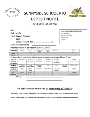 Fillable Online PTO SUNNYSIDE SCHOOL PTO DEPOSIT NOTICE - Pulaski ...