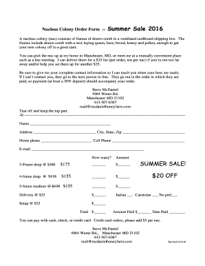 Fillable Online centralmarylandbees Nucleus Colony Order Form ...
