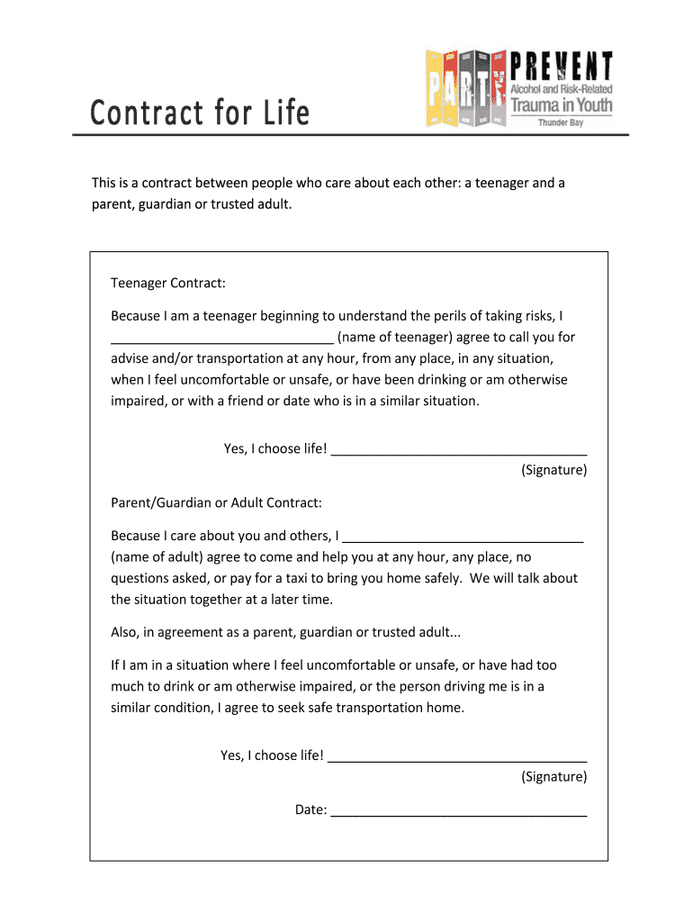Fillable Online Teenager Contract - Thunder Bay Regional Health ...