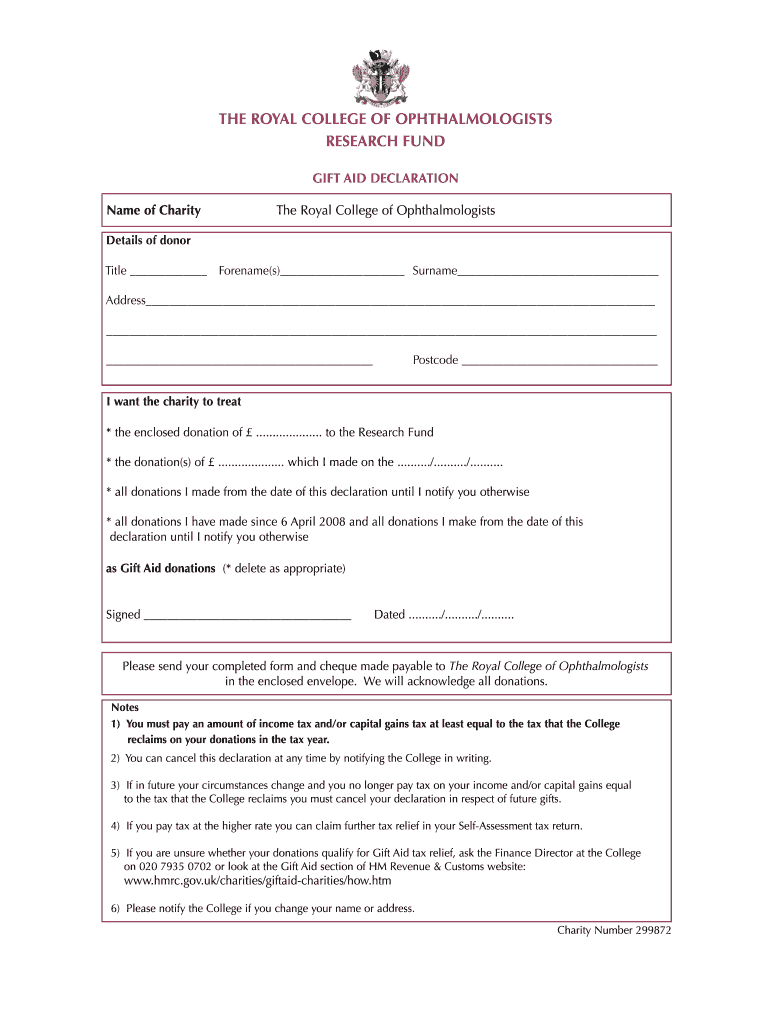 Fillable Online Gift Aid Declaration Form - The Royal College of ...