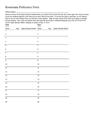 Fillable Online scbo Roommate Preference Form - return by May 16 Fax ...