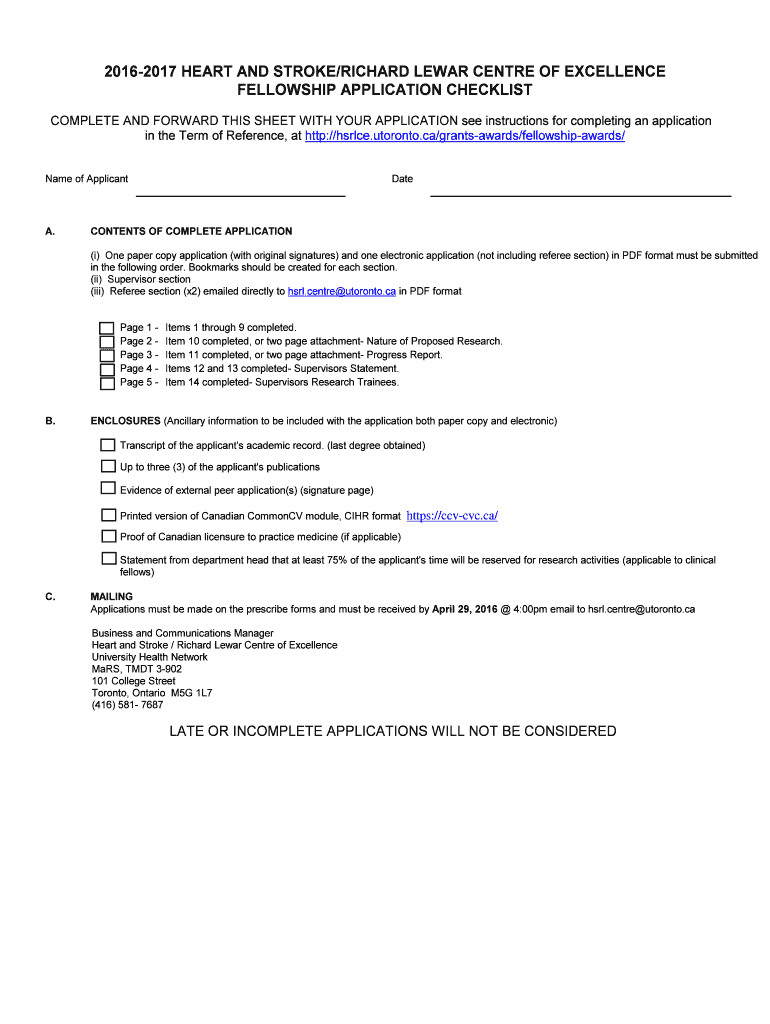 Fillable Online hsrlce utoronto JUNIOR PERSONNEL APPLICATION CHECKLIST ...