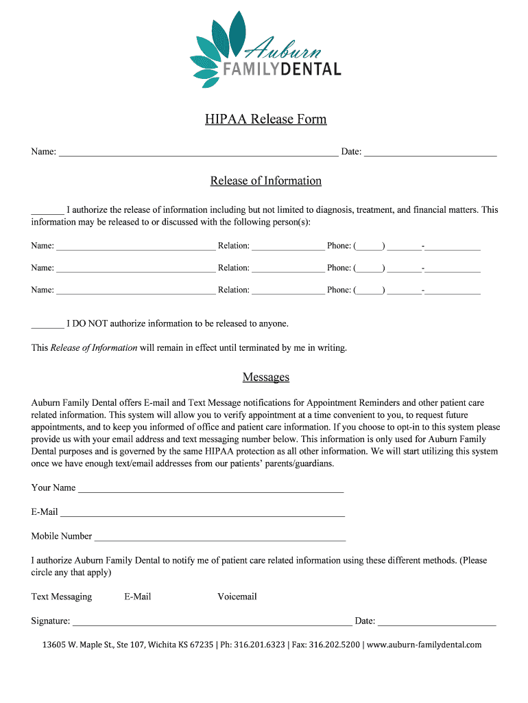 Fillable Online HIPAA Release Form - Auburn Family Dental Fax Email ...