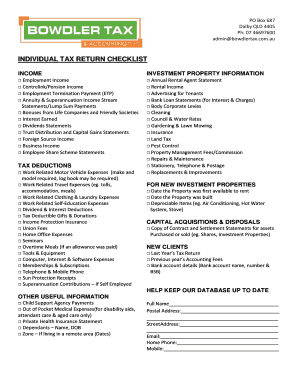 Fillable Online INDIVIDUAL TAX RETURN CHECKLIST - Bowdler Tax and ...