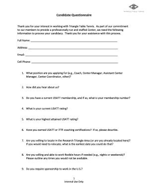 Fillable Online Candidate Questionnaire - Triangle Table Tennis Fax Email Print - pdfFiller