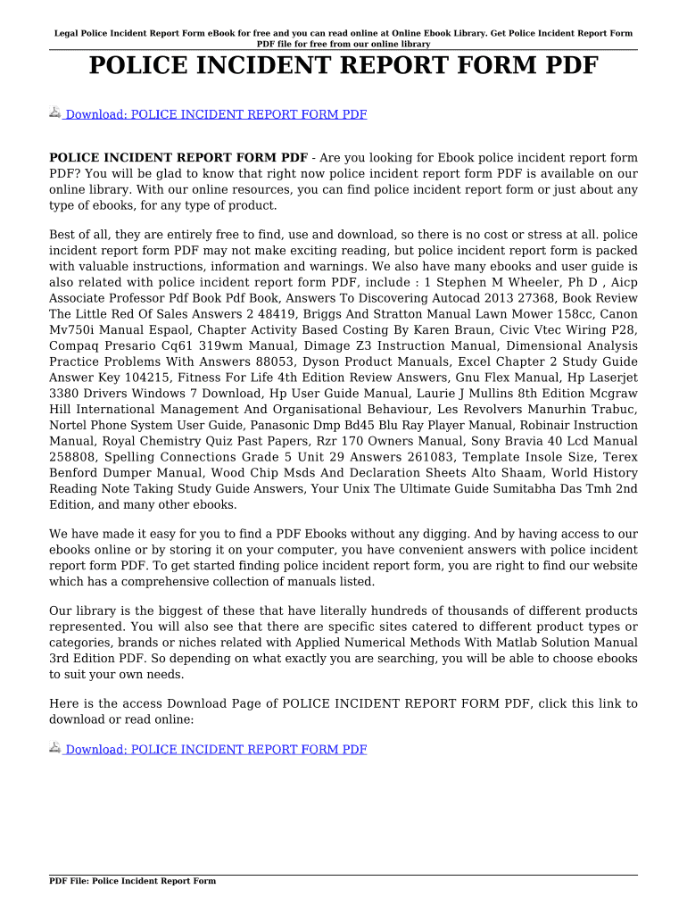 Fillable Online POLICE INCIDENT REPORT FORM PDF. POLICE INCIDENT REPORT ...