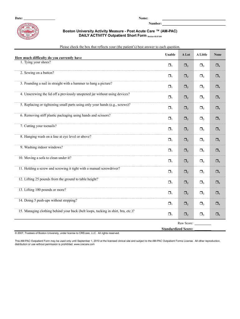 Fillable Online Daily Activity AMPAC.. - Dora Roberts Rehabilitation ...