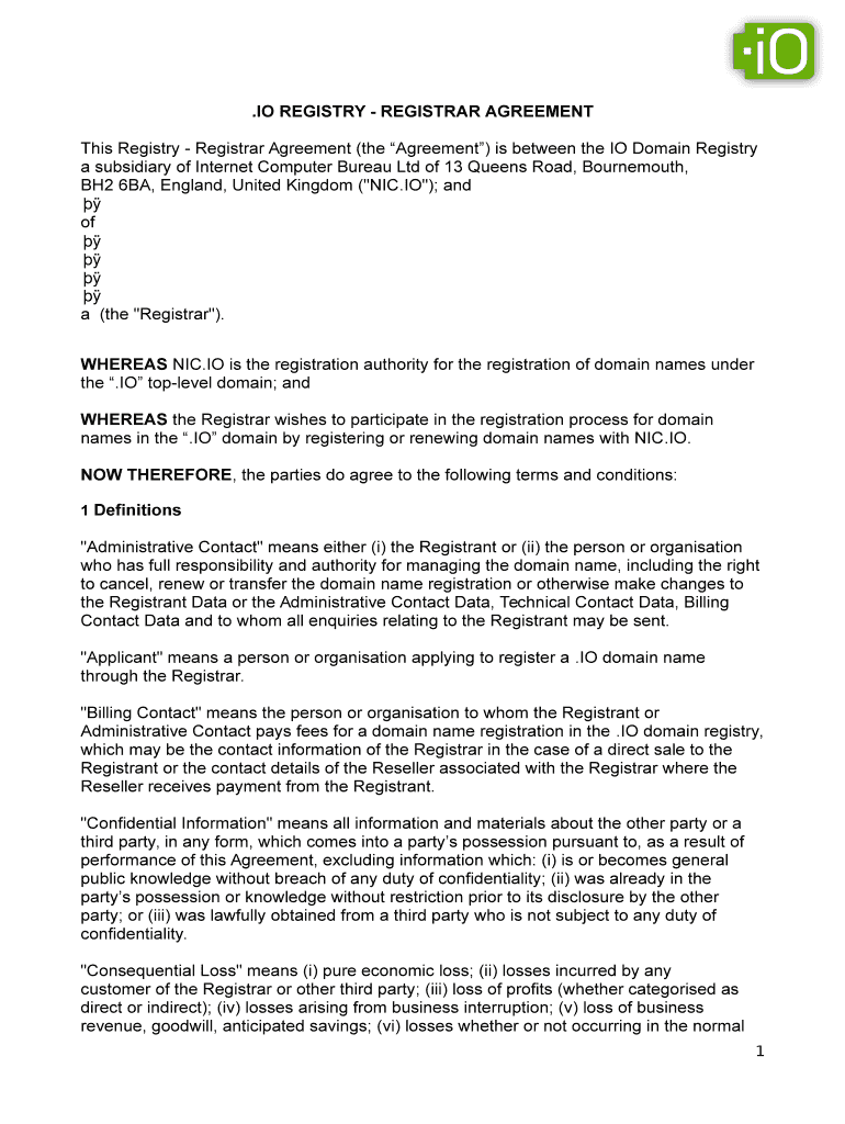 Fillable Online nic .IO REGISTRY - REGISTRAR AGREEMENT This Registry ...