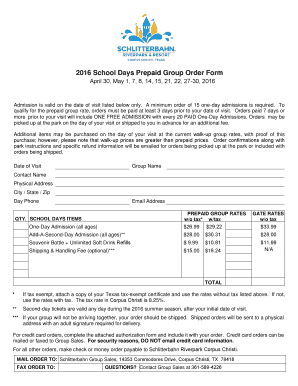 Fillable Online 2016 School Days Prepaid Group Order Form -... Fax ...