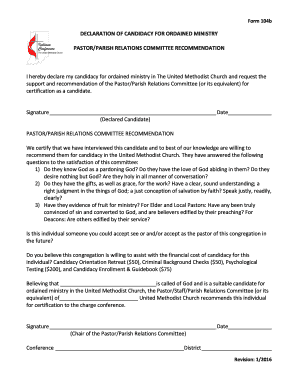 Fillable Online DECLARATION OF CANDIDACY FOR ORDAINED MINISTRY PASTOR ...