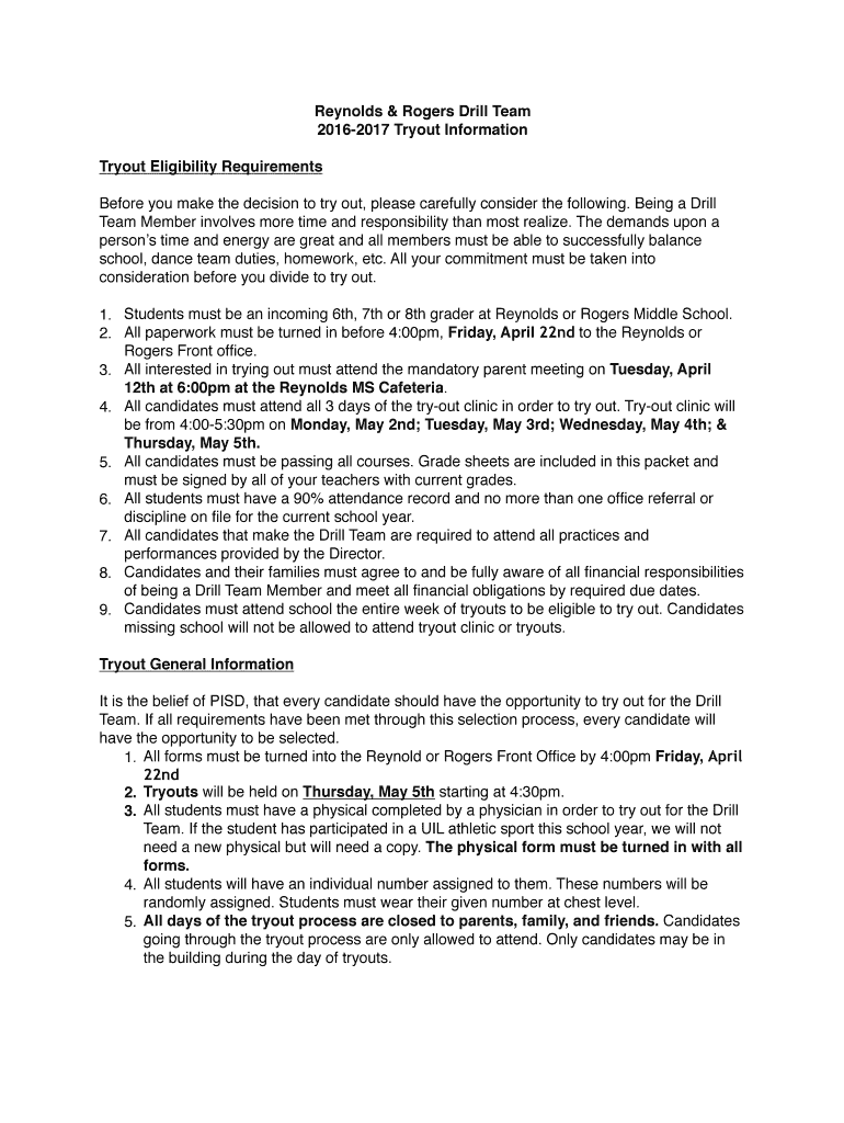 Fillable Online Reynolds & Rogers Drill Team 2016-2017 Tryout ...