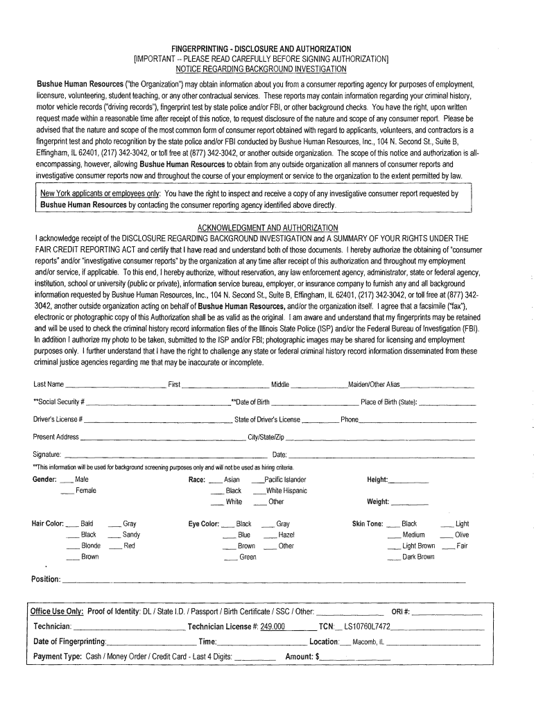 Fillable Online roe26 FINGERPRINTING- DISCLOSURE AND AUTHORIZATION ...