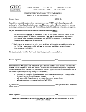 Fillable Online financialaid gtcc 2016-2017 VERIFICATION OF APPLICATION ...