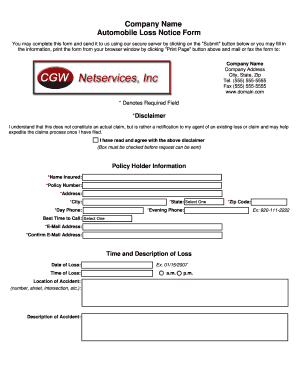 Fillable Online Company Name Automobile Loss Notice Form Fax Email ...