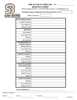 Fillable Online JOB ACCOUNT-PRELIM. Date: REQUEST FORM Fax Email Print ...
