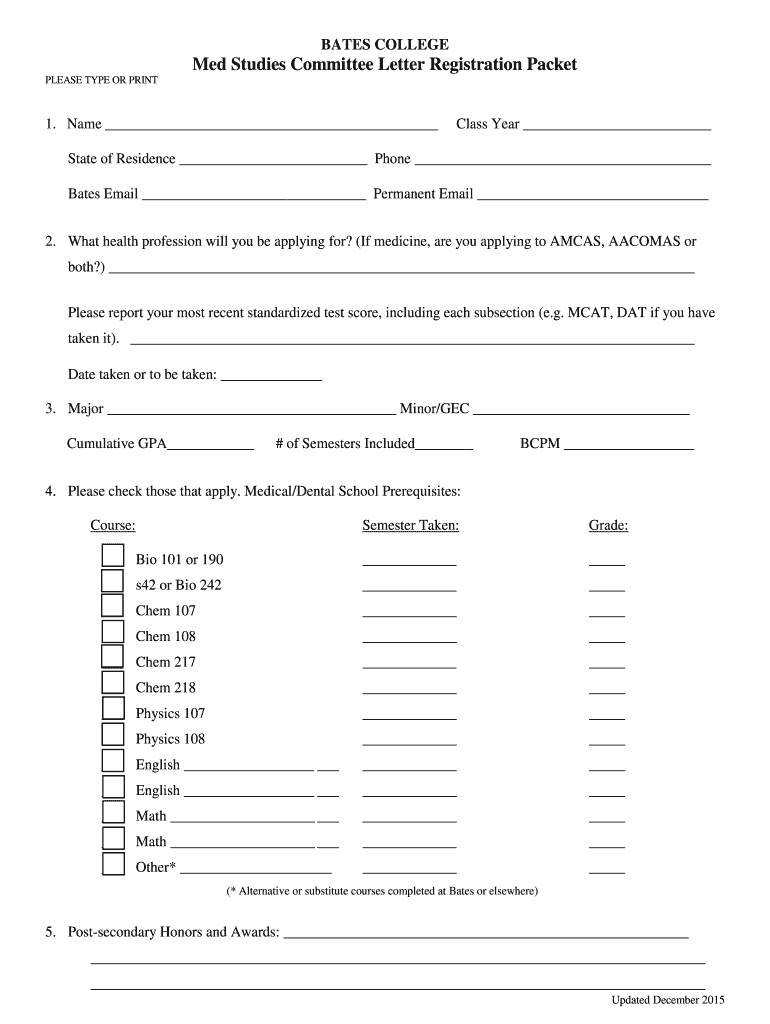 Fillable Online bates BATES COLLEGE Med Studies Committee Letter ...