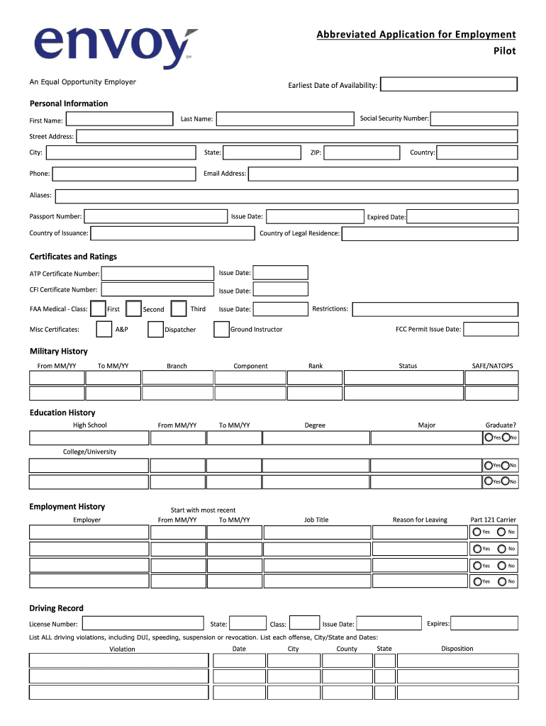 Fillable Online Abbreviated Application for Employment Pilot - Envoy ...