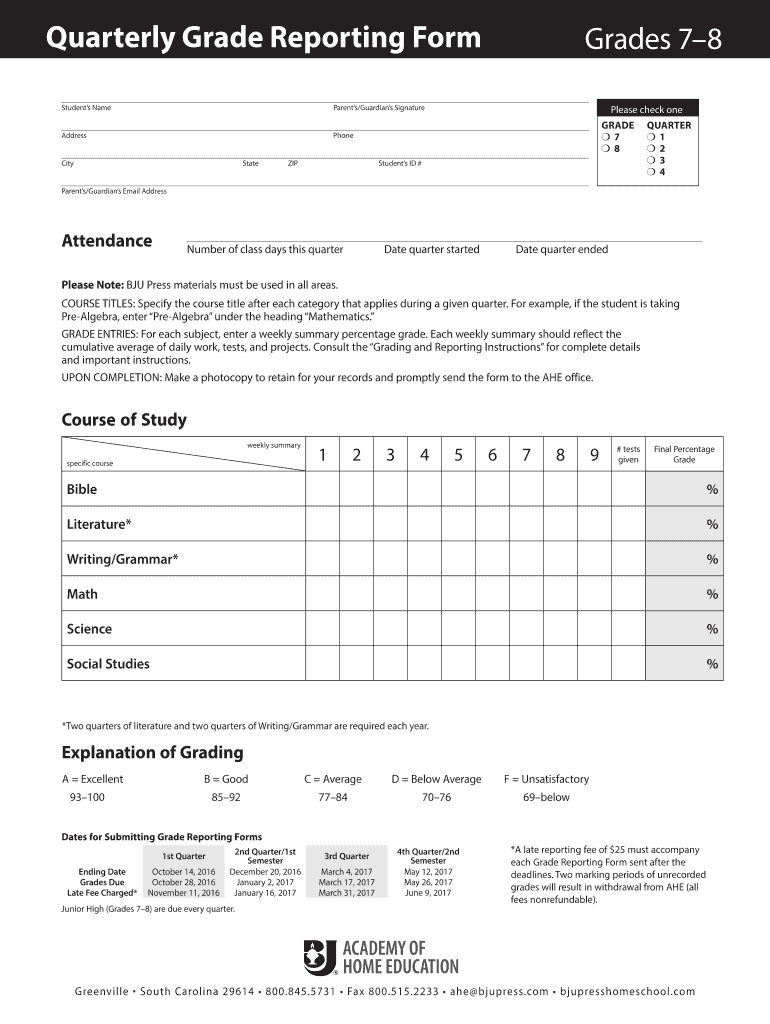 Fillable Online 16-17 Quarterly Grade Report Grades 7-8 - BJU Press ...