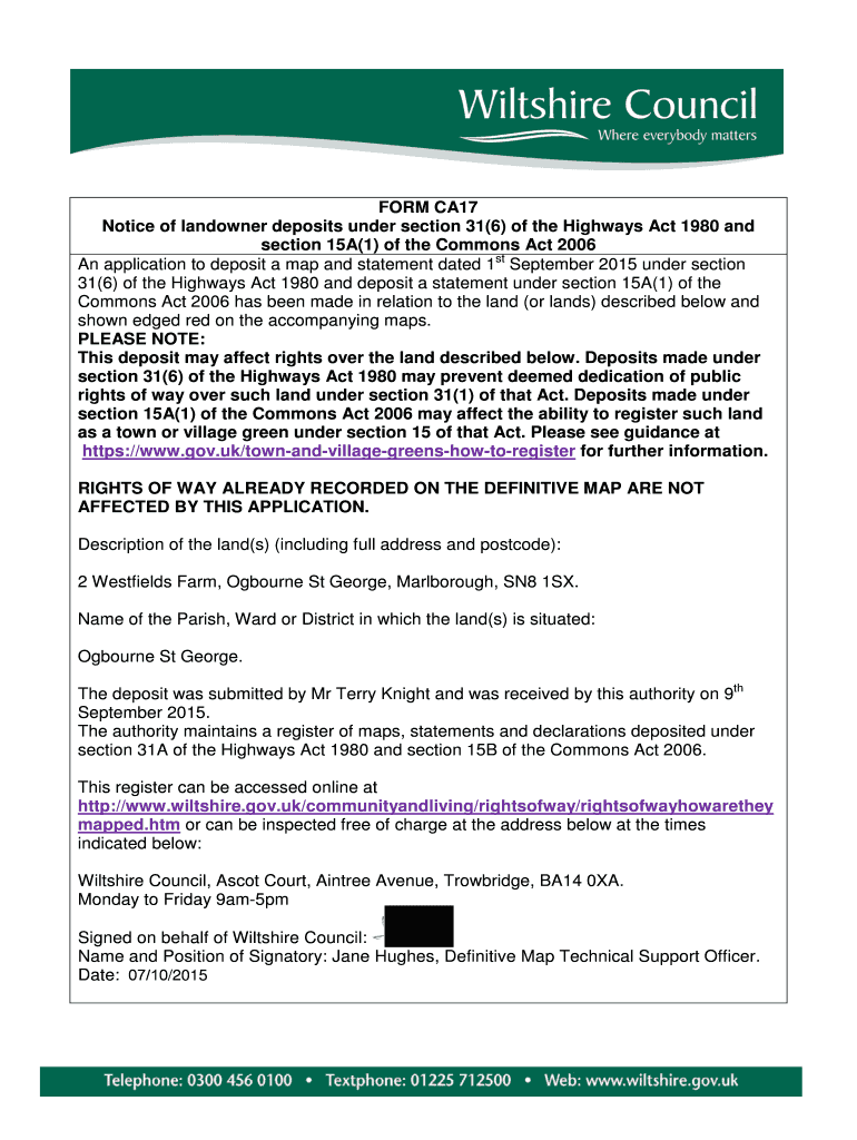 Fillable Online php wiltshire gov FORM CA17 Notice of landowner ...