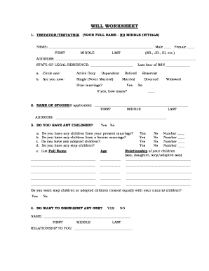 Fillable Online bliss army WILL WORKSHEET - bliss army Fax Email Print ...