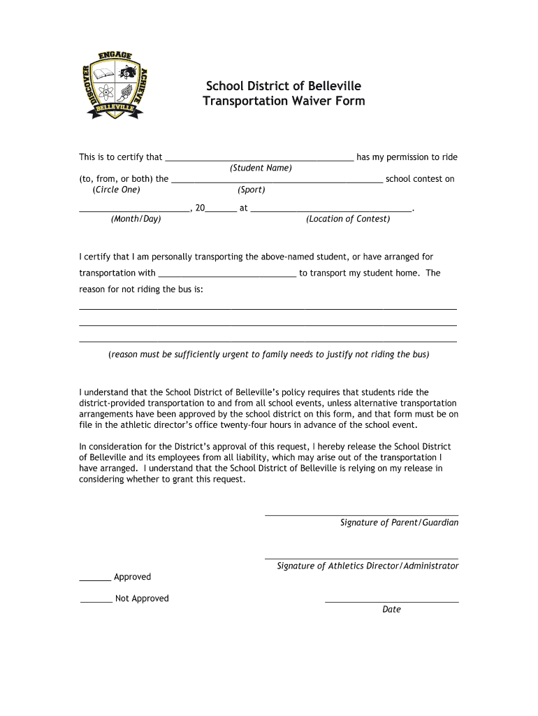 Fillable Online belleville k12 wi chool District of Belleville Transportation Waiver Form Fax ...