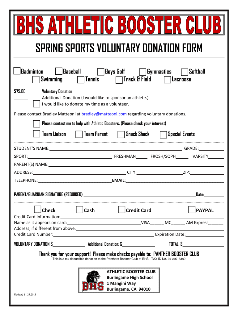 Fillable Online SPRING SPORTS VOLUNTARY DONATION FORM Fax Email Print ...
