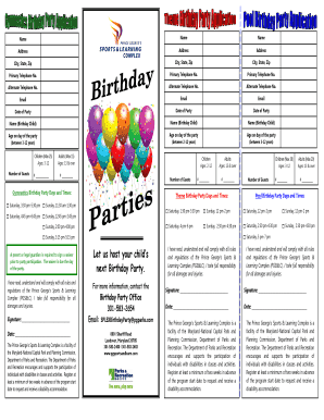 Fillable Online Birthday Party Application - Prince George's Sports and ...