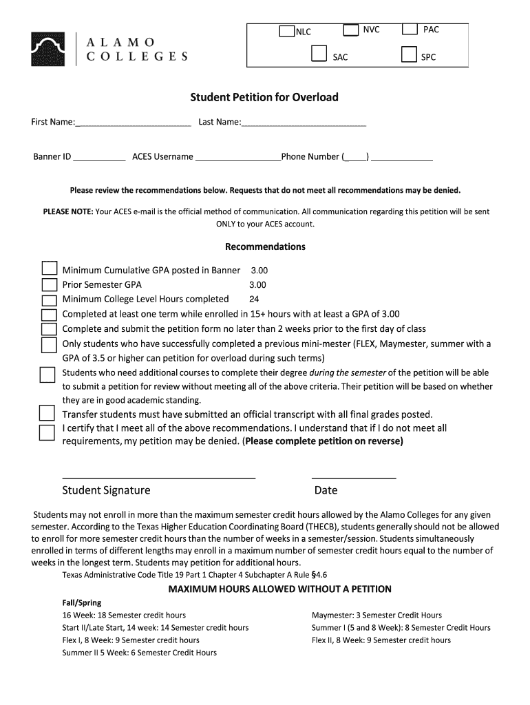 Fillable Online alamo Student Petition for Overload Student Signature ...