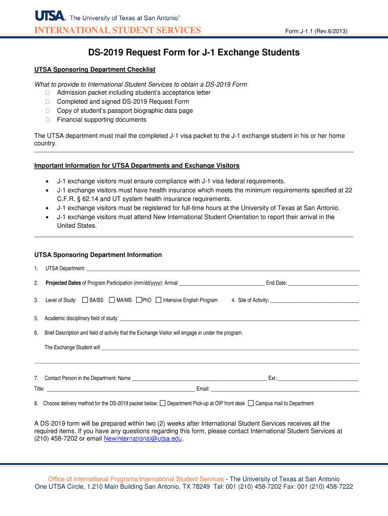 Fillable Online international utsa DS-2019 Request Form for J-1 ... Fillable Online international utsa DS-2019 Request Form for J-1 ...