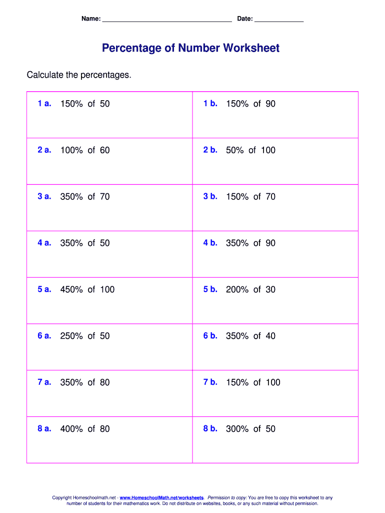 Fillable Online homeschoolmath Percentage Worksheet. Percentage of ...