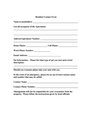 Fillable Online Resident Contact Form Name (Leaseholder): List all ...