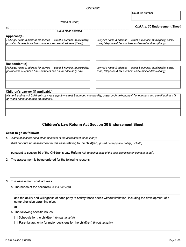 Fillable Online ontariocourtforms on CLRA s. 30 Endorsement Sheet ...