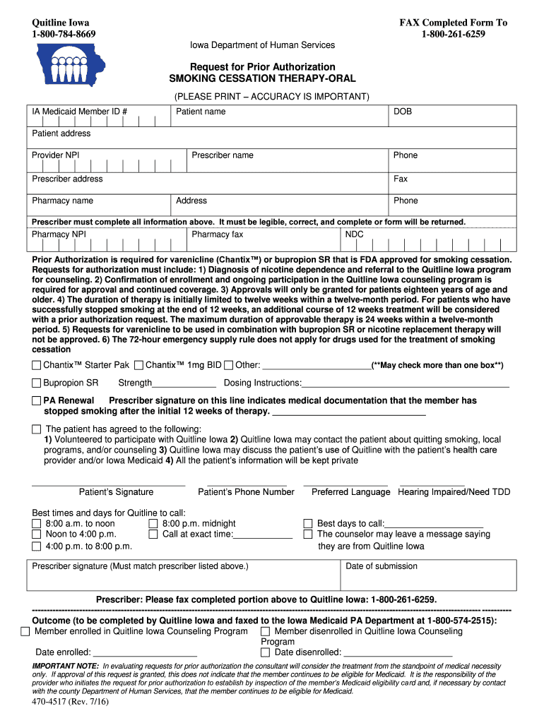 Fillable Online Smoking Cessation Therapy - Oral PA Form 470-4517 Fax ...
