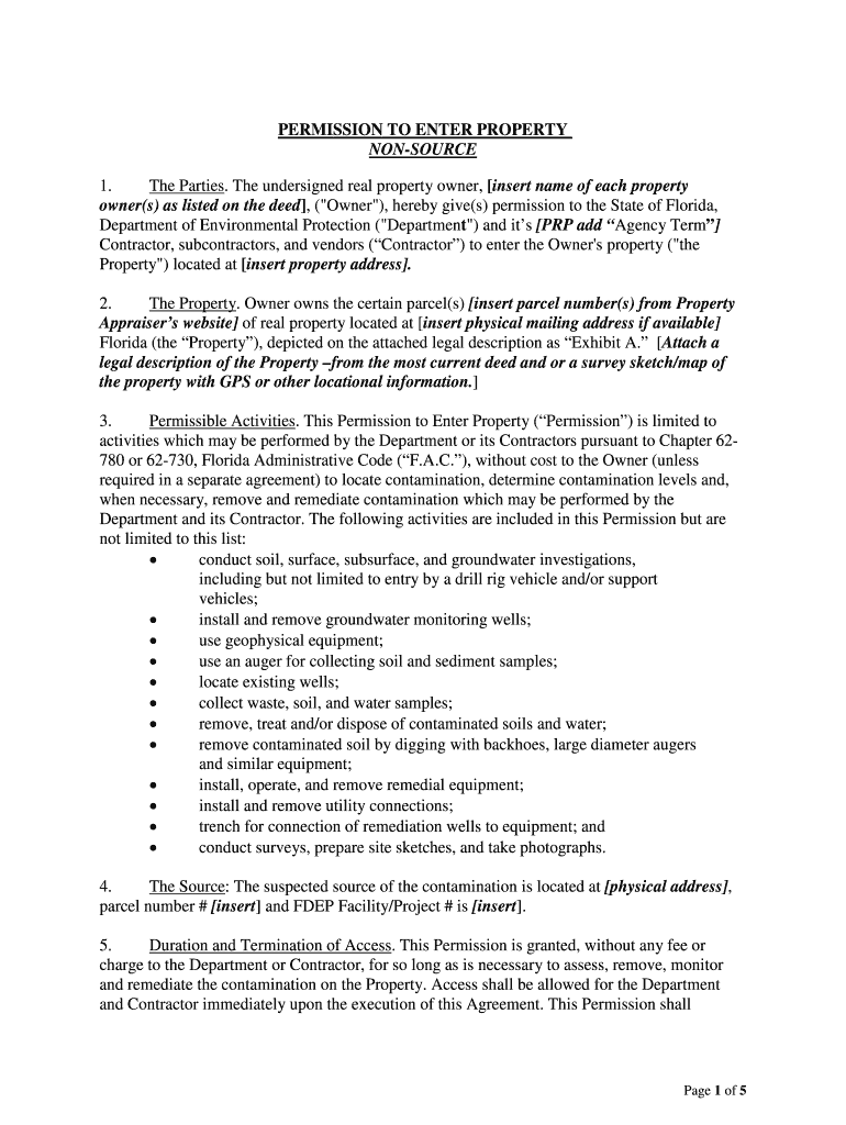 Fillable Online dep state fl PERMISSION TO ENTER PROPERTY NON-SOURCE ...