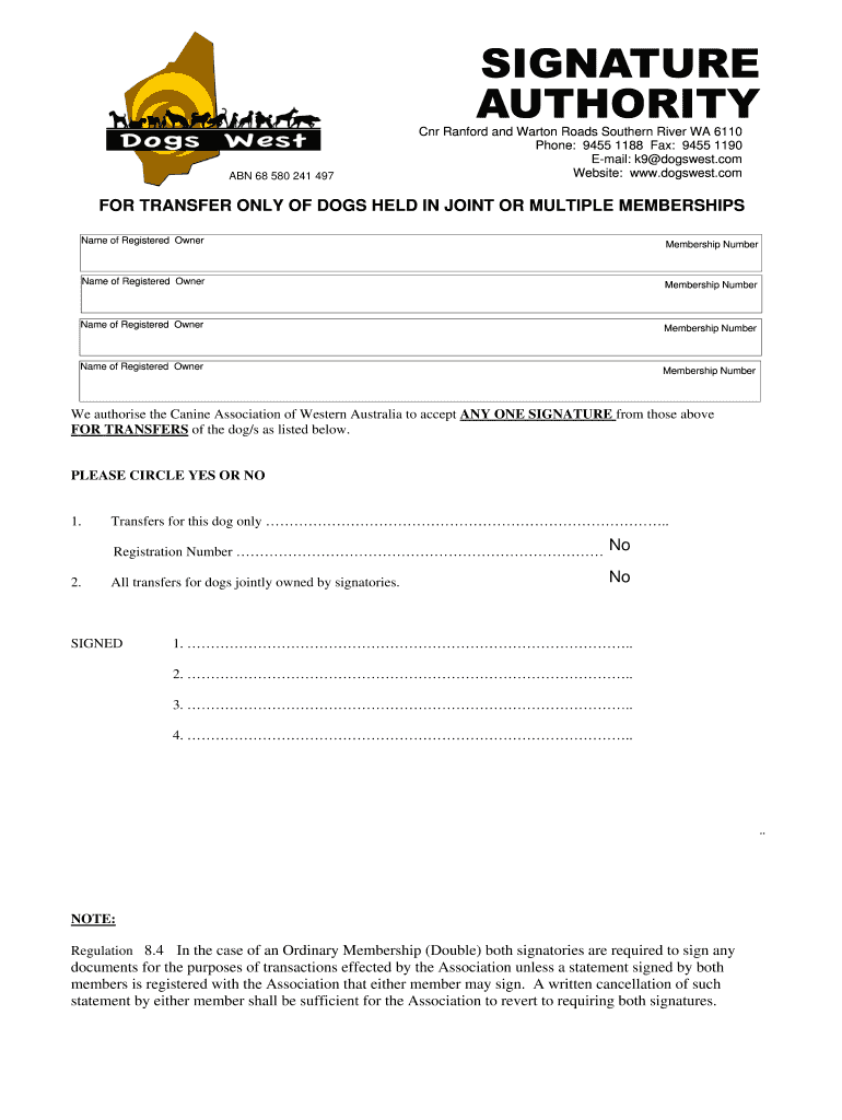 Fillable Online Signature Authority Transfer Only Oct 09.pub - Dogs ...