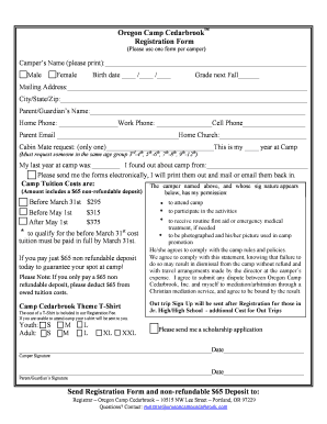 Fillable Online Oregon Camp Cedarbrook Registration Form Send ...